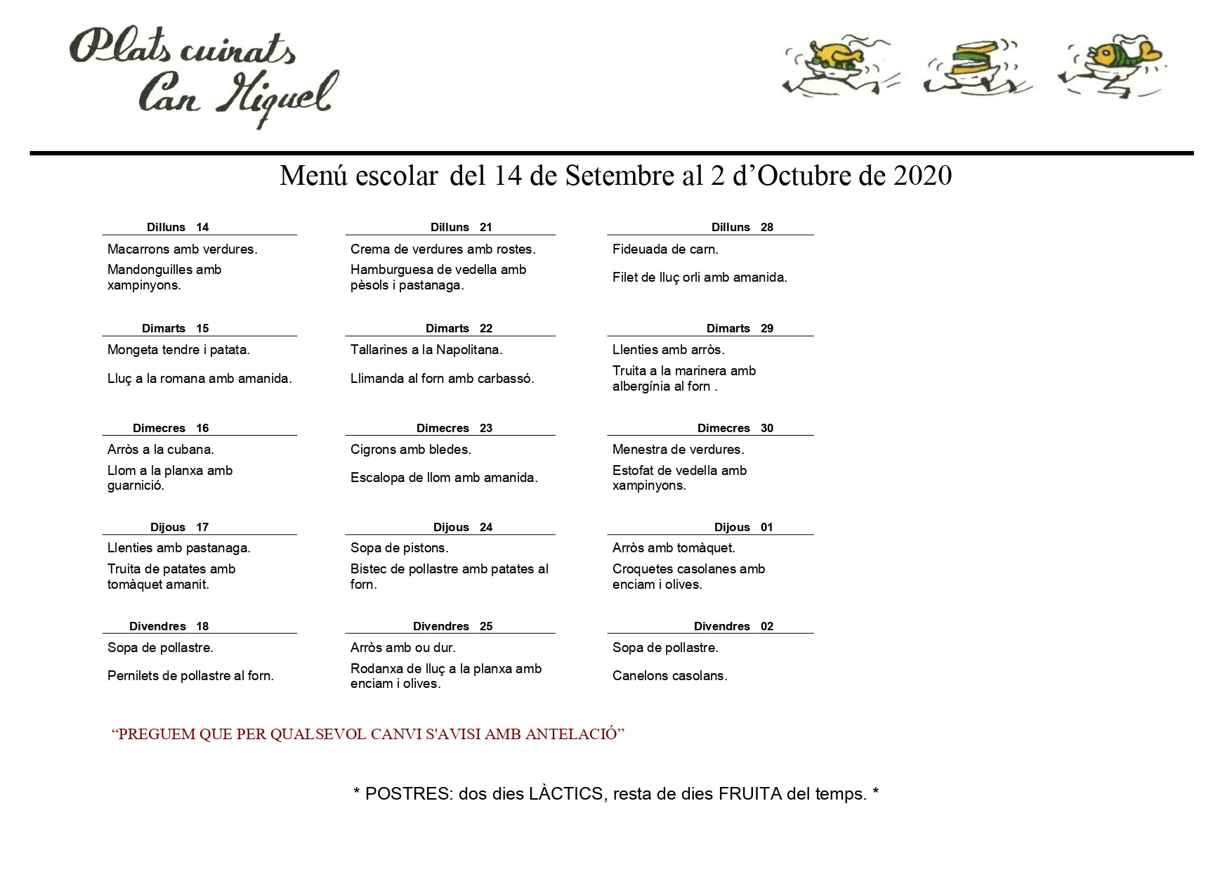 Menú escolar | Colegio Escolàpies Olesa