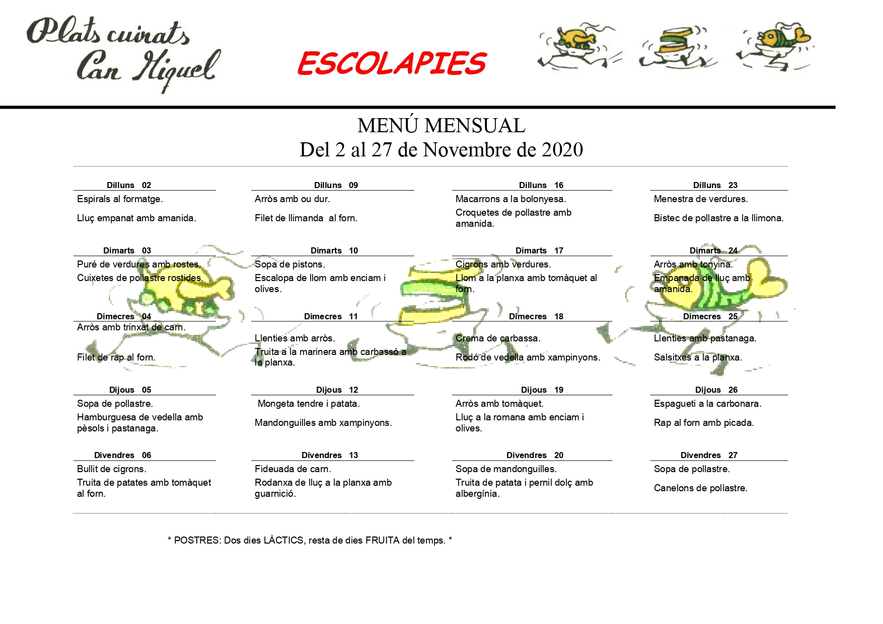 Menú escolar | Colegio Escolàpies Olesa