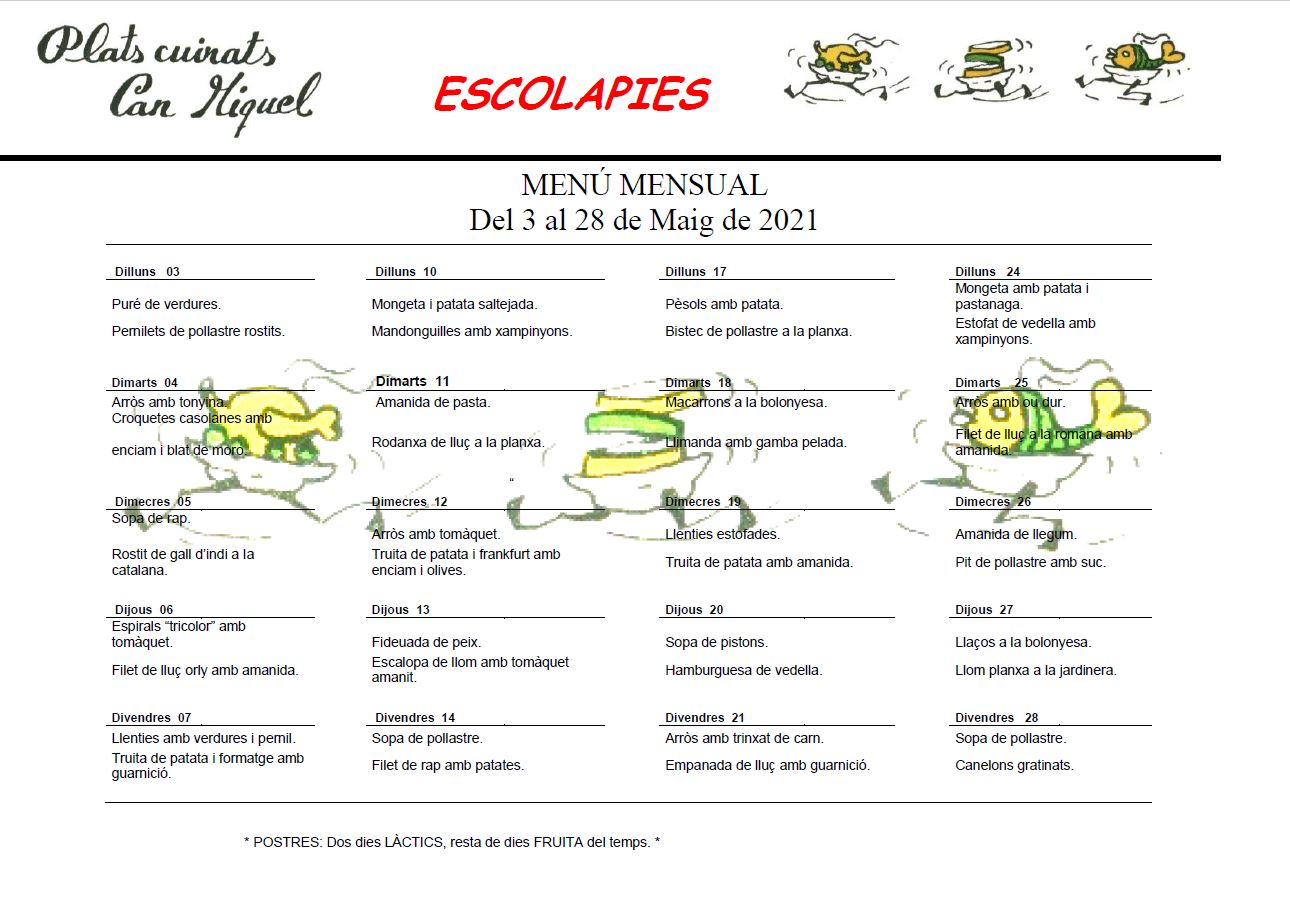 Menú escolar | Colegio Escolàpies Olesa