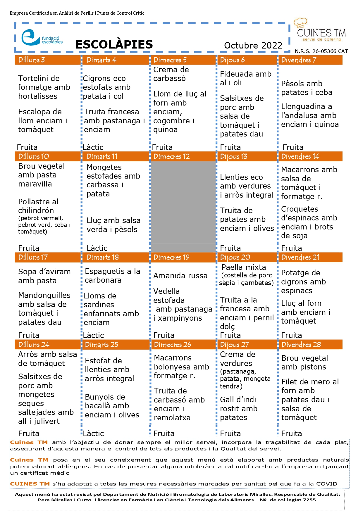 Menú escolar | Colegio Escolàpies Olesa